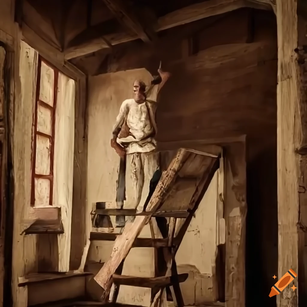 Man building a house in the Middle Ages with medieval tools on Craiyon