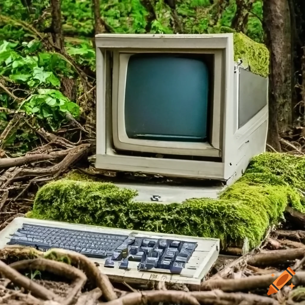 Old pc and monitor covered in moss with roots surrounding it in a post ...