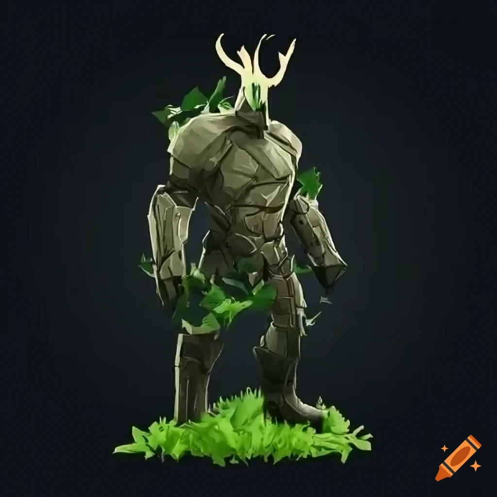Friendly 20-foot-tall plant warrior golem with antlers, magic runes ...