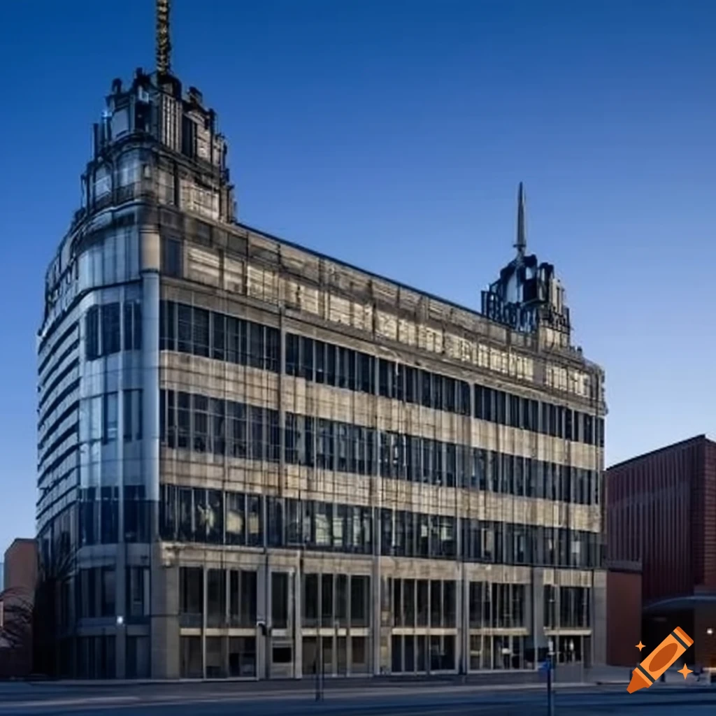 Modern high-tech art deco-inspired police precinct building on Craiyon