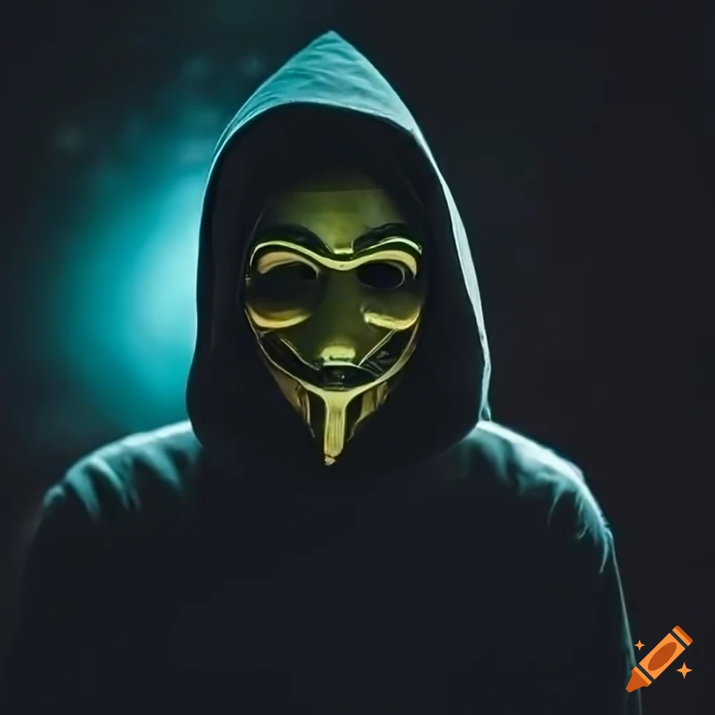 Hooded entity wearing a golden hacker mask with a group of hackers in ...