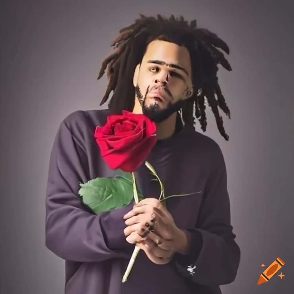 J. cole holding a red rose in a studio setting on Craiyon