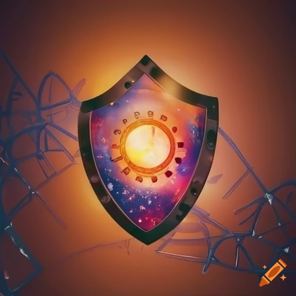 Shield with universe, dna, and gears on dark orange background on Craiyon