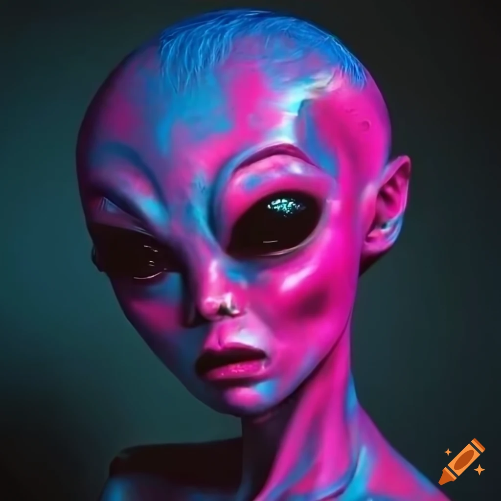 Expressive portrait of a detailed pink metallic alien with 80s makeup ...