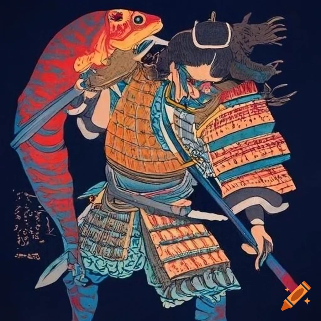 Fish as a samurai warrior with a sword in a colorful woodblock print on ...