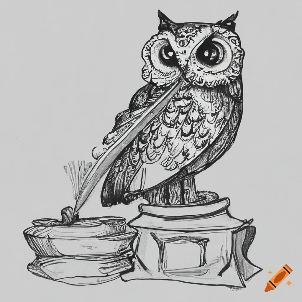 Wise owl with quill near inkwell in an inspired drawing on Craiyon