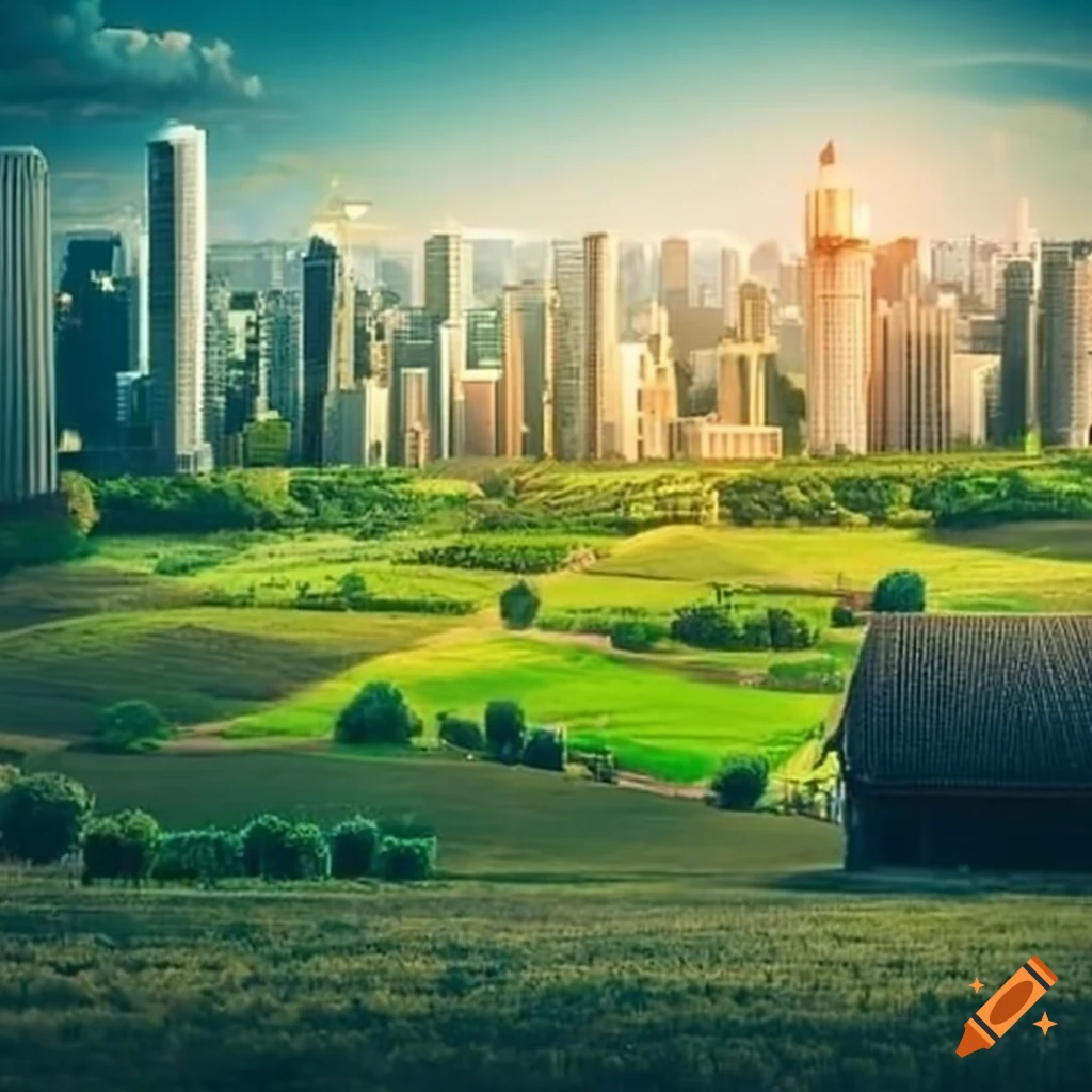 Green farm within a modern city on Craiyon