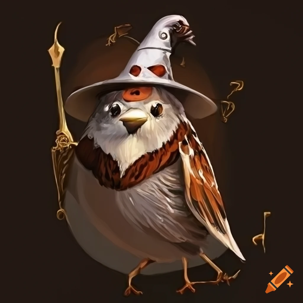 Sparrow with a sword and wizard hat on Craiyon