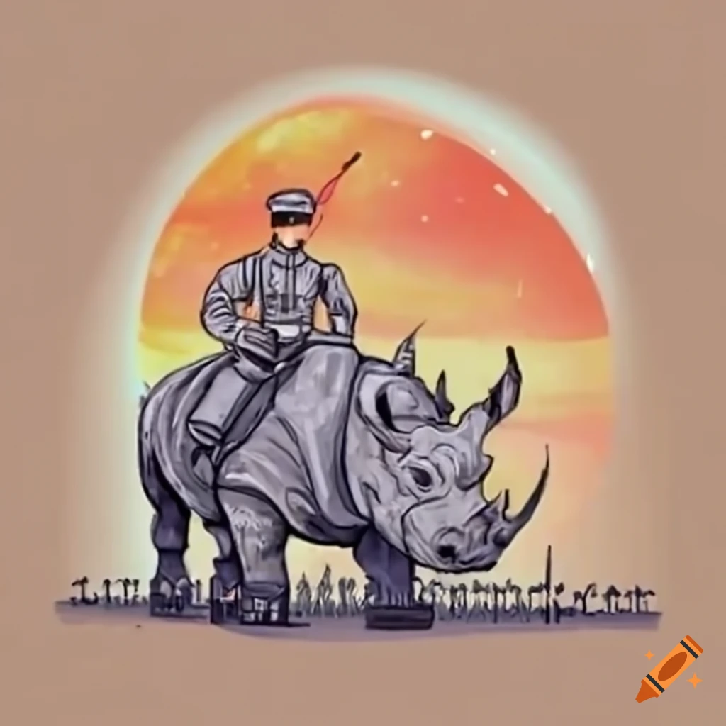 Soldier riding a rhino against a sunset skyline with the Eiffel Tower ...