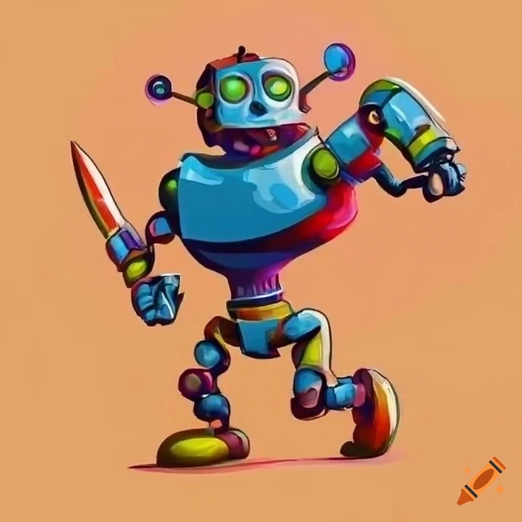 Cartoon robot with a sword ready for action in 4K quality on Craiyon