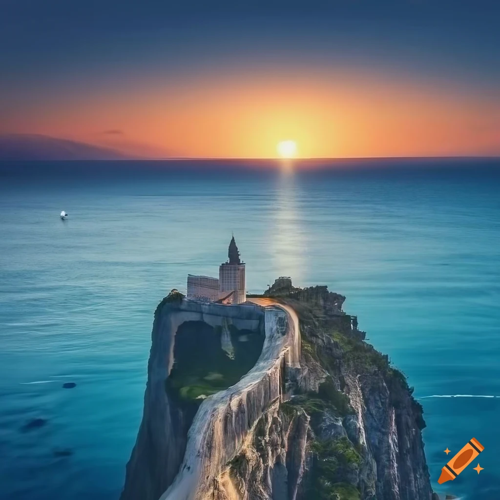 City skyline with a cliff leading to aretuza by the sea on Craiyon