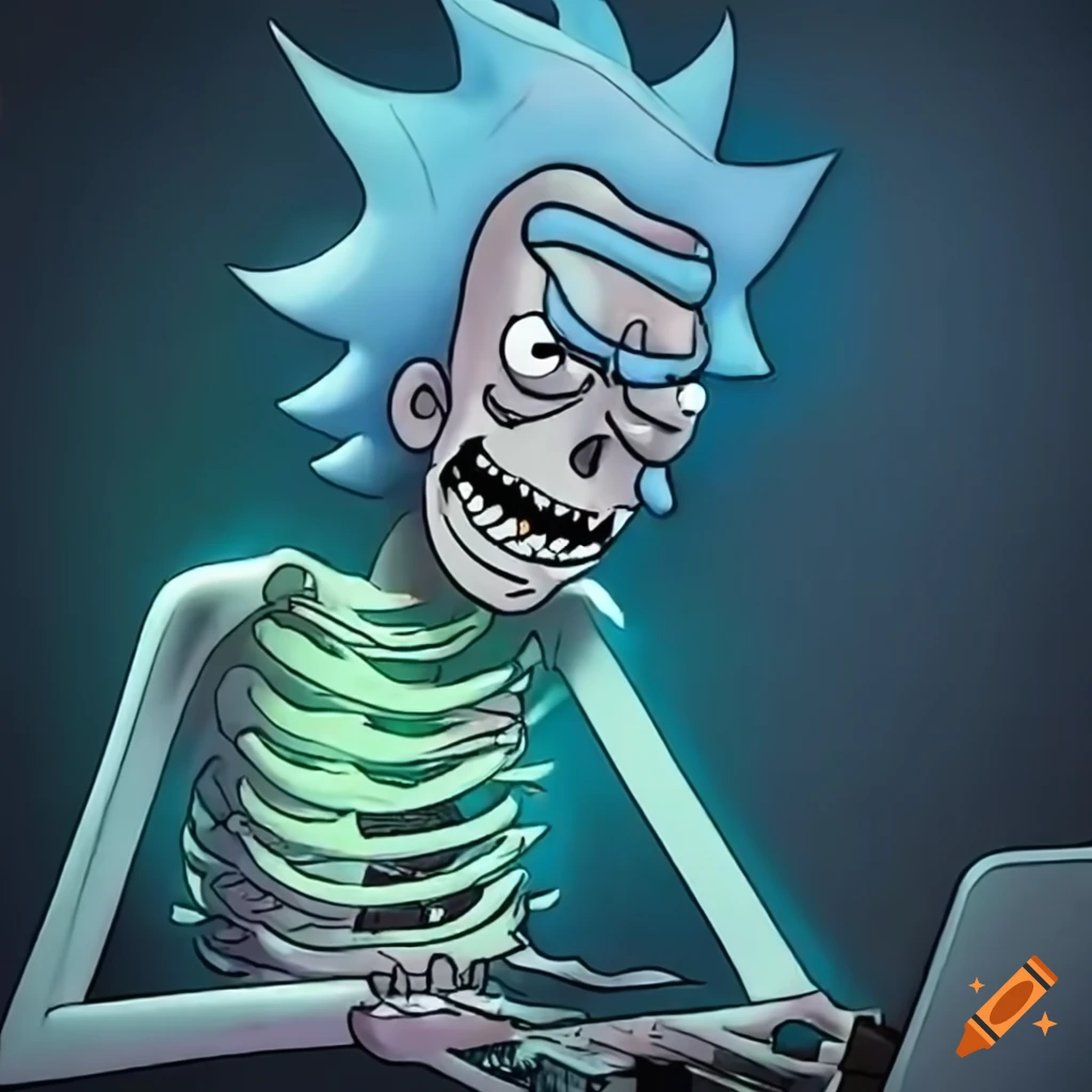 Skeleton of Rick Sanchez at a bright computer screen on a desk on Craiyon