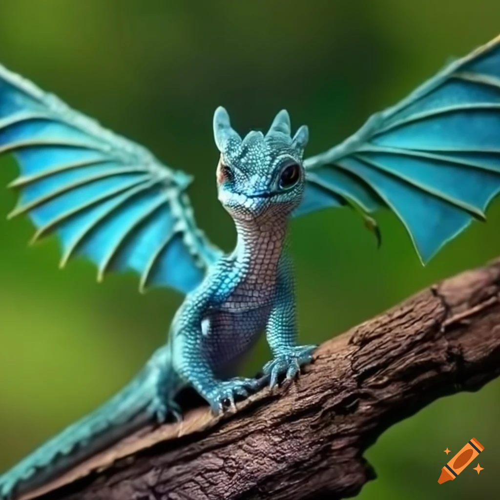 Green or blue baby dragon with long wispy tail and transparent wings on ...