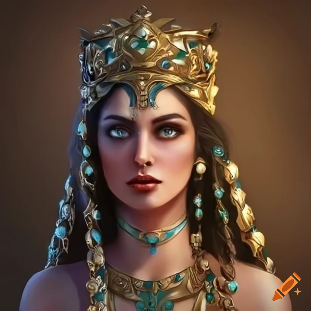 Middle Eastern goddess with leaves in her hair and a golden crown on ...