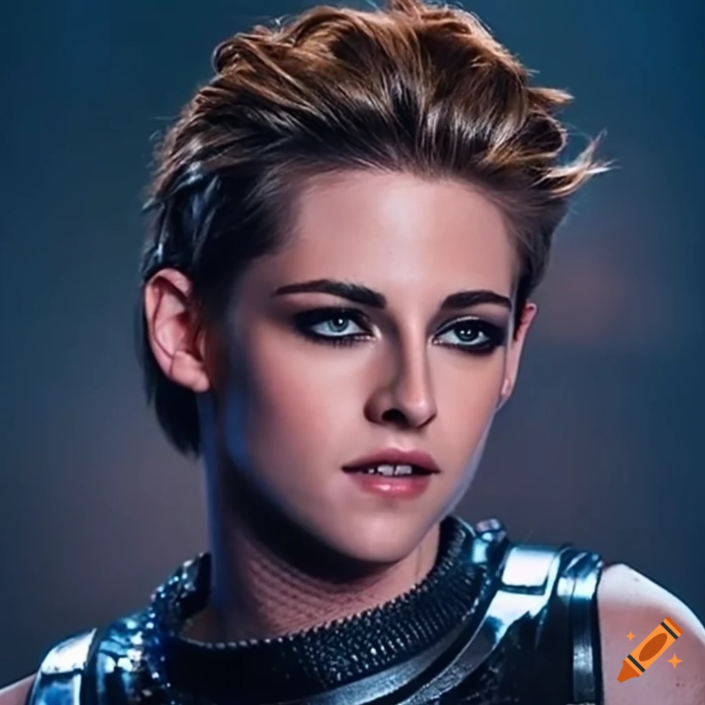 Kristen stewart as barbarella, space explorer in shiny armor on Craiyon
