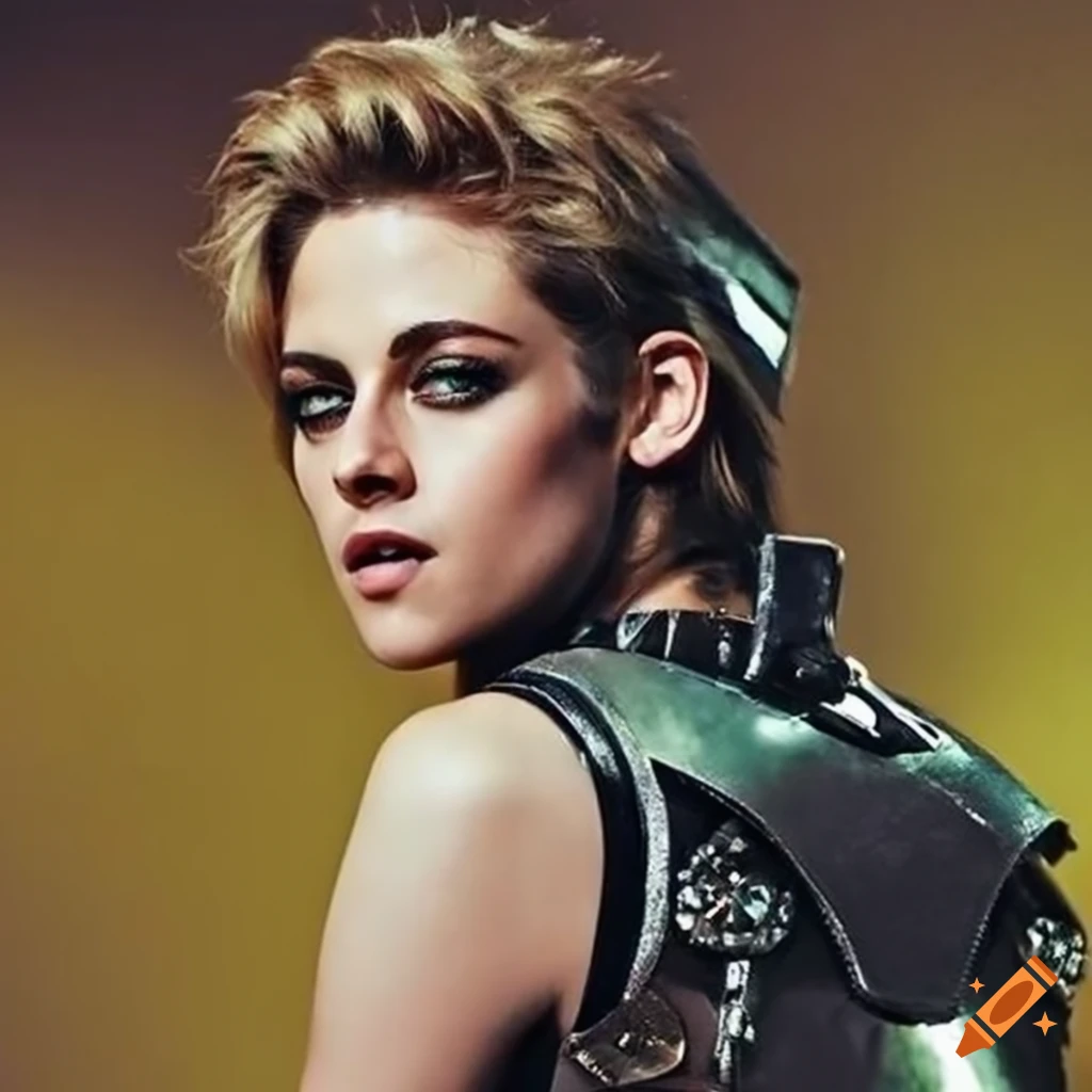 Kristen Stewart as Barbarella in leather armor testing a sci-fi weapon ...