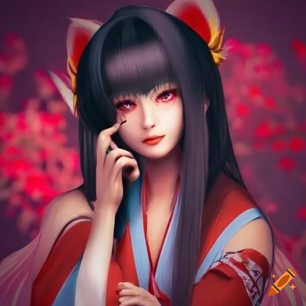 Beautiful female kitsune with black hair smiling in a japanese setting ...