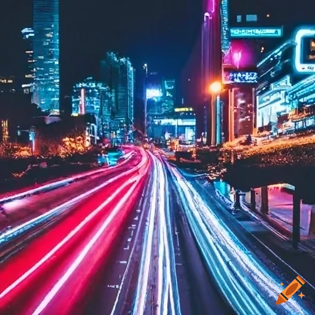 Neon-lit road with moving cars at night in pixel art style on Craiyon