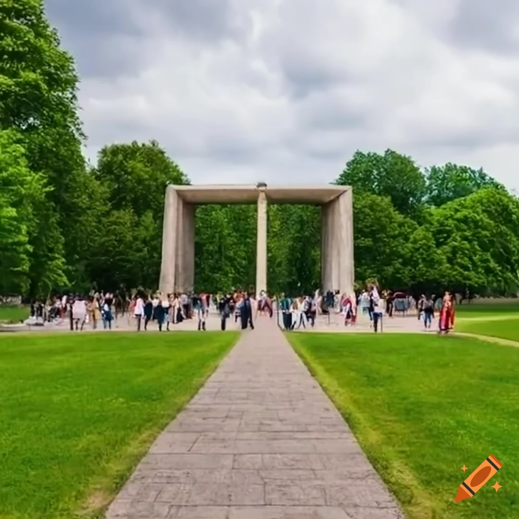 Rectangular monument in a park with visitors on Craiyon