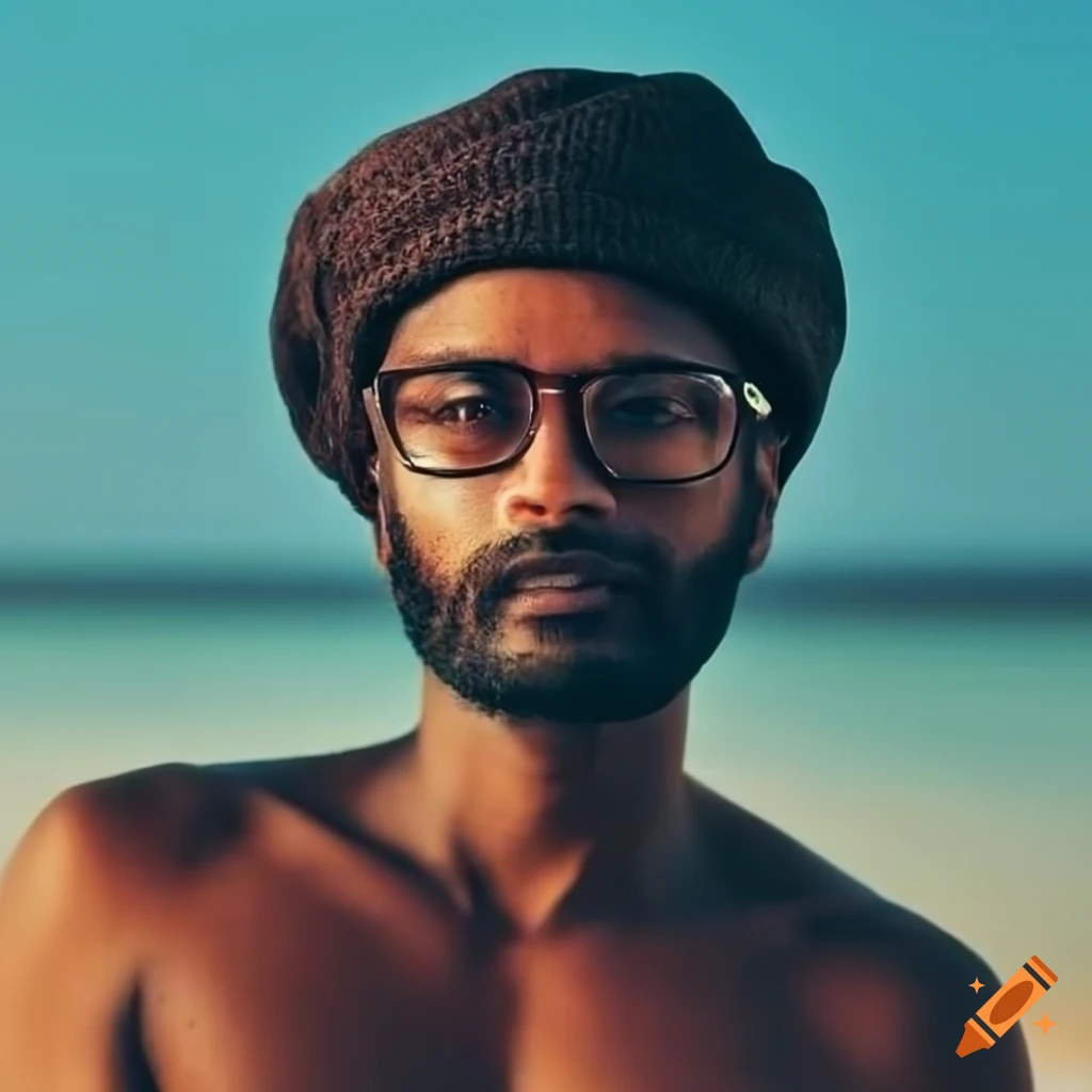 Indian man with beard, hat, and glasses on the beach on Craiyon
