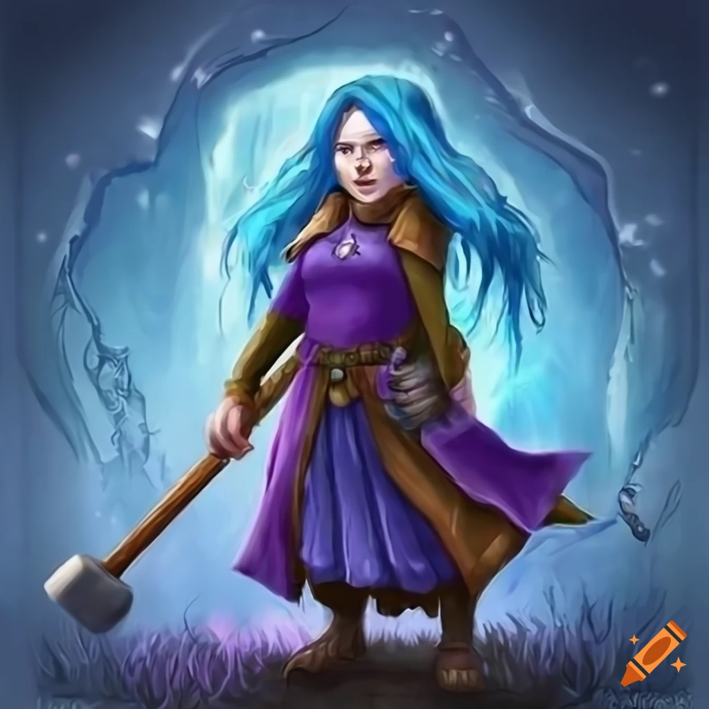Female Gnome Wizard With Blue Hair Casting Ice With A Standing Hammer