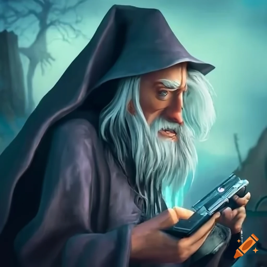 Wizard running in a fantasy village with a sony walkman on Craiyon