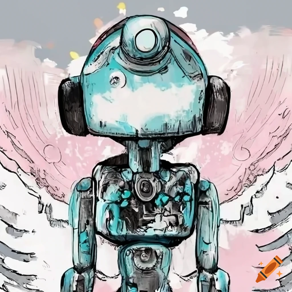 Angel robot in a black and white cartoon style against a malta sky on ...