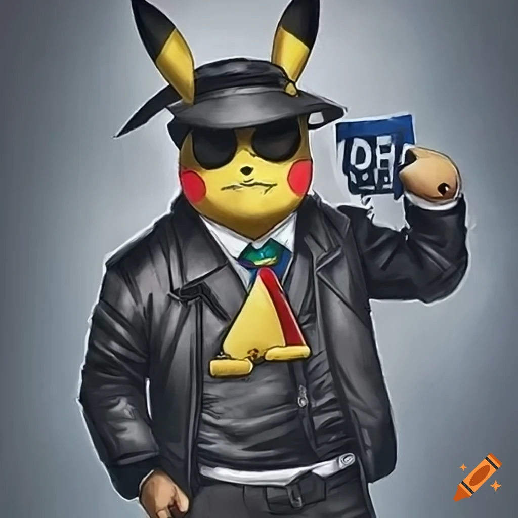 Gangster pikachu in a black jacket with a serious look on Craiyon