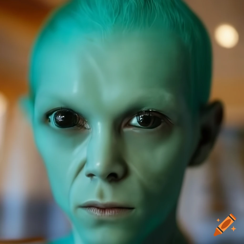 Alien man with teal hair and jade skin standing in a cafe on Craiyon