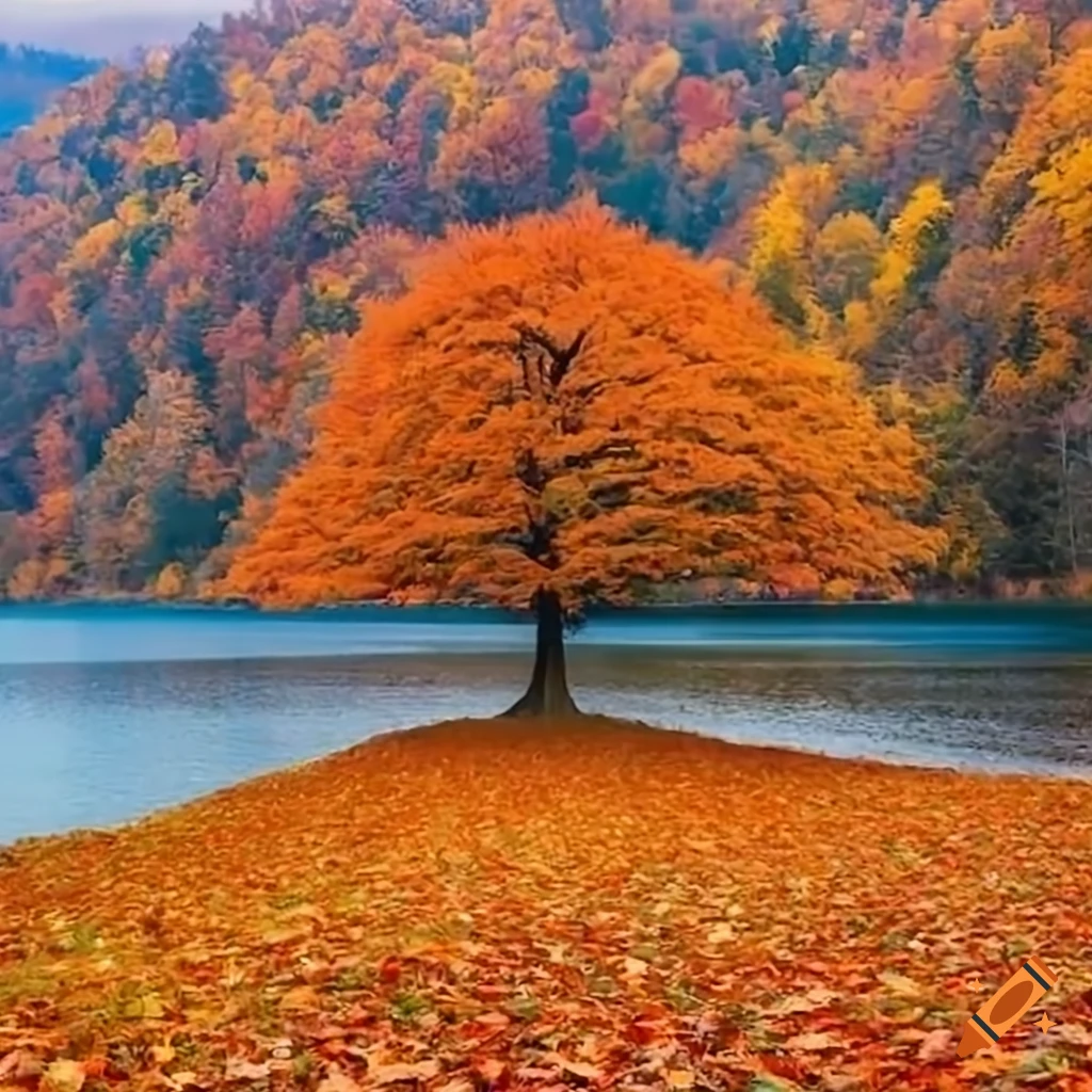 Orange autumn tree on a hill with leaves pile and lake mountain ...