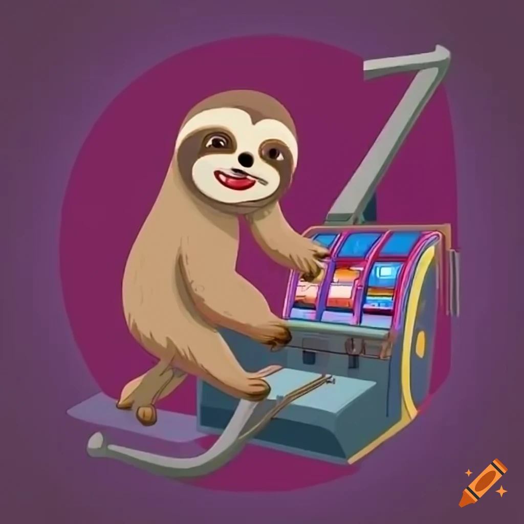 Cartoon sloth hanging on a slot machine lever on Craiyon