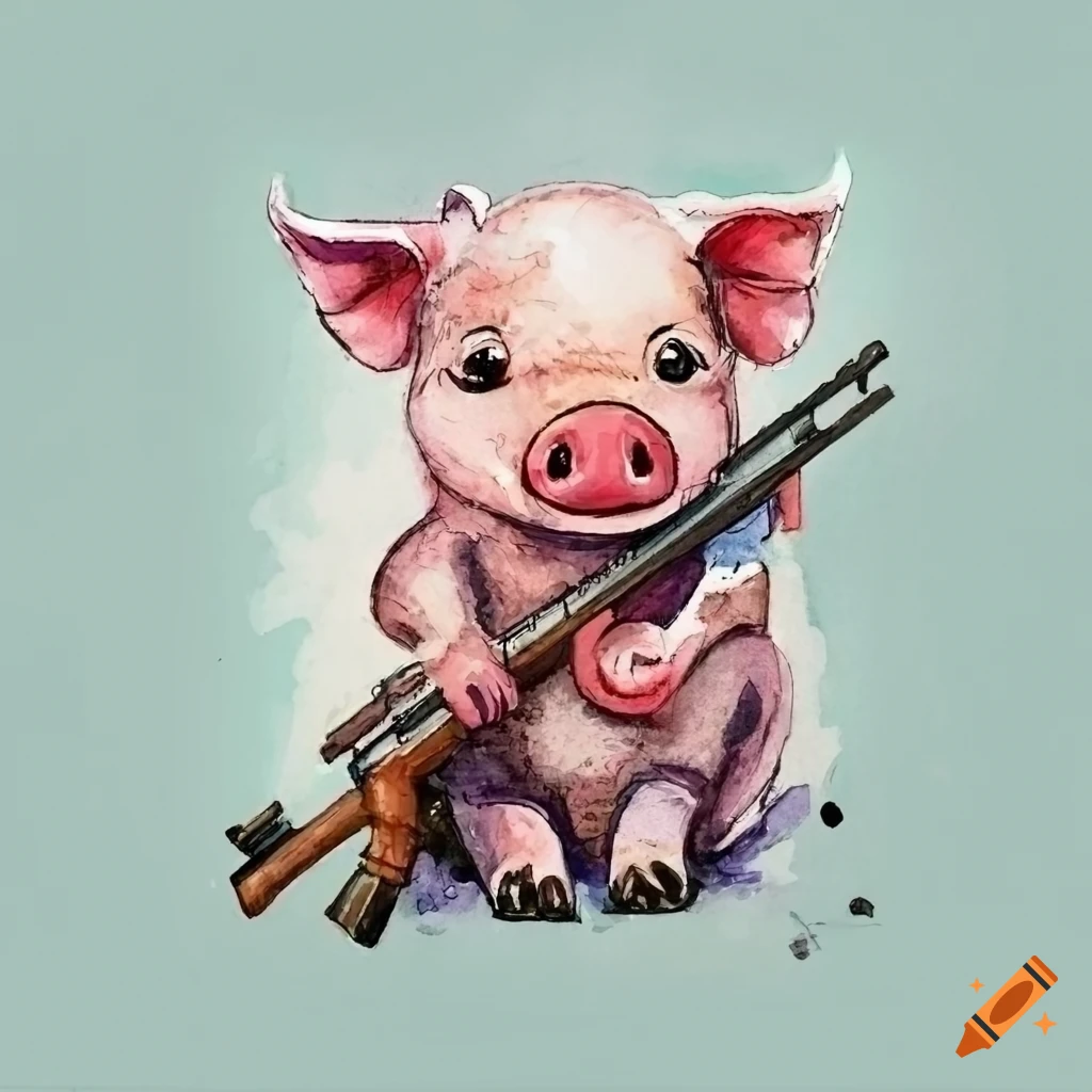 Cute baby pig with a bow holding a rifle in a watercolor illustration ...