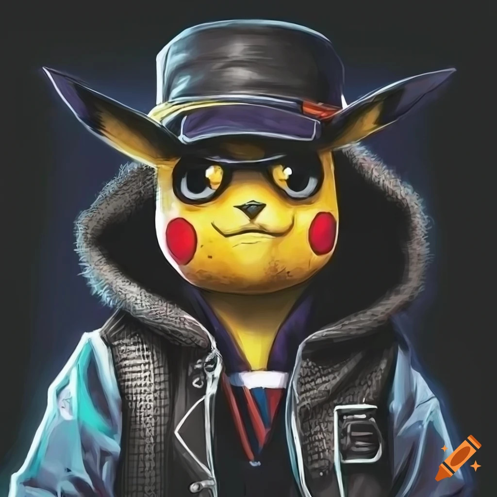 Gangster Pikachu with a serious look in a black jacket, realistic ...