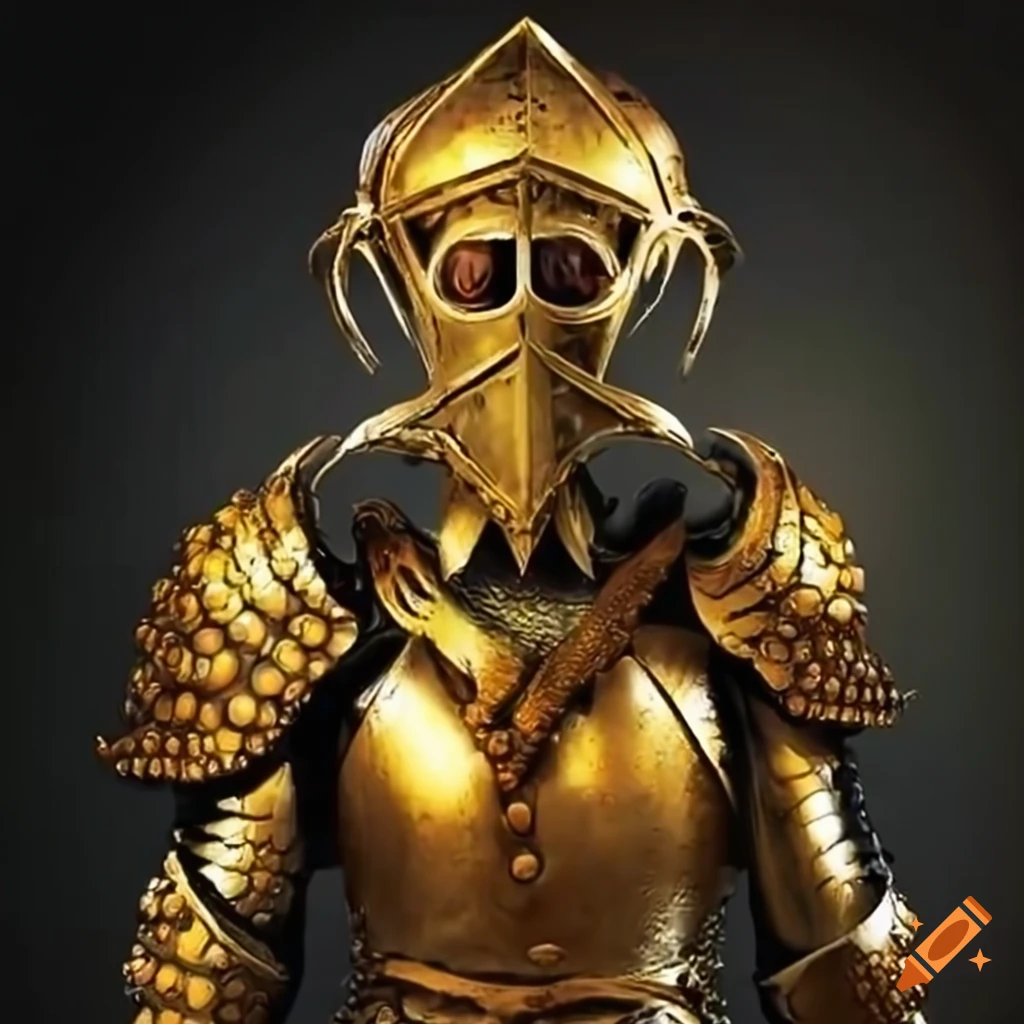 Giant octopus monster tentacles in golden plate armor on Craiyon