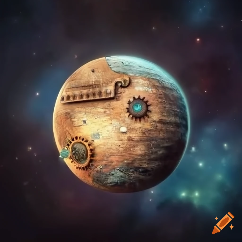 Steampunk planet with factories as seen from space on Craiyon