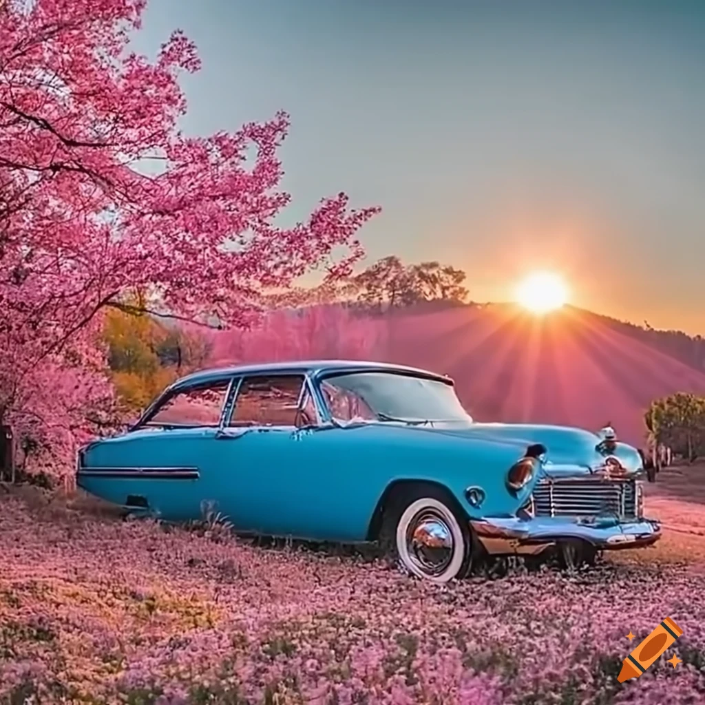 Hill with sunset, classic car under pink tree with falling leaves on ...