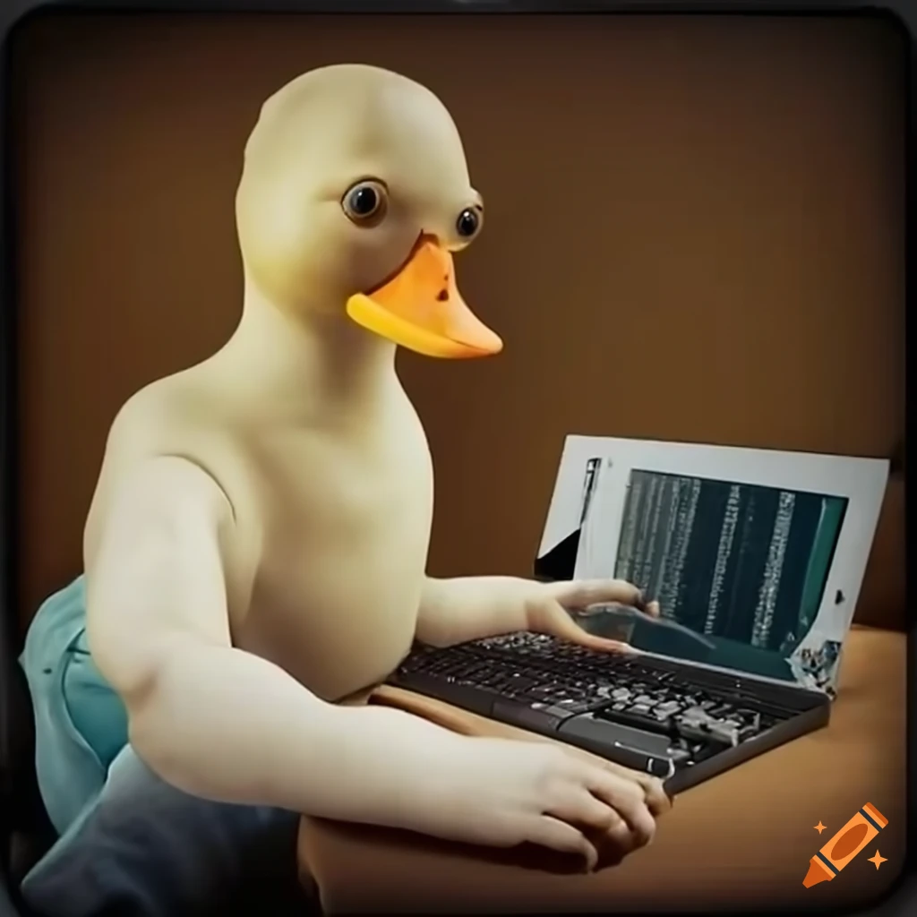 Duck humanoid using a computer in a unique setting on Craiyon