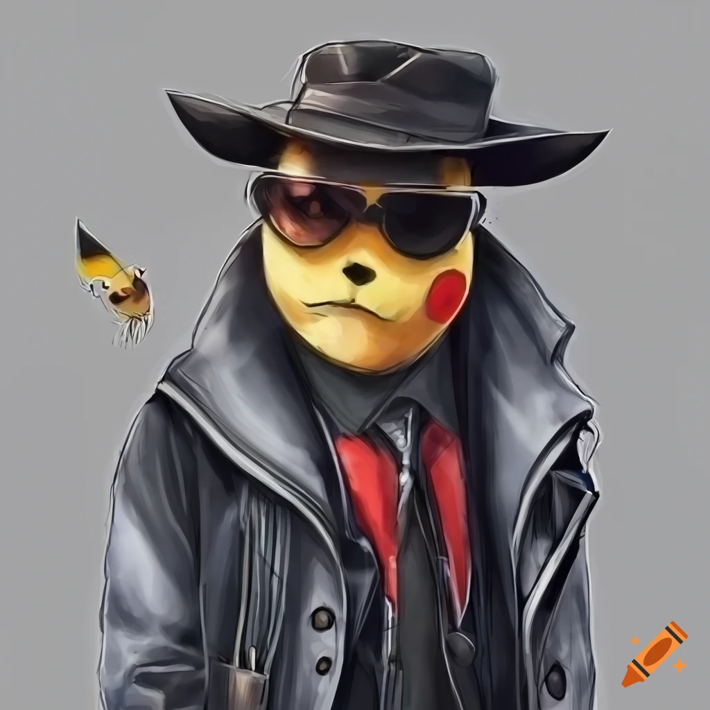 Gangster pikachu in a black jacket with a serious look on Craiyon
