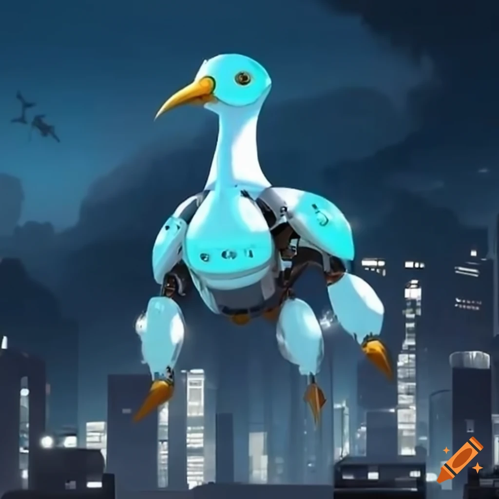Futuristic seagull-shaped robot on a city building on Craiyon