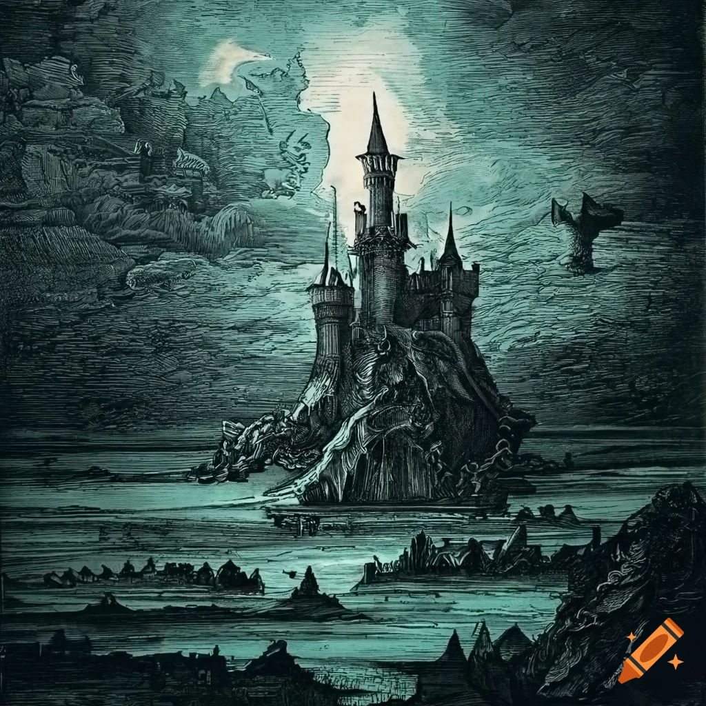 Albrecht Dürer-inspired engraving of a futuristic alien castle in a ...