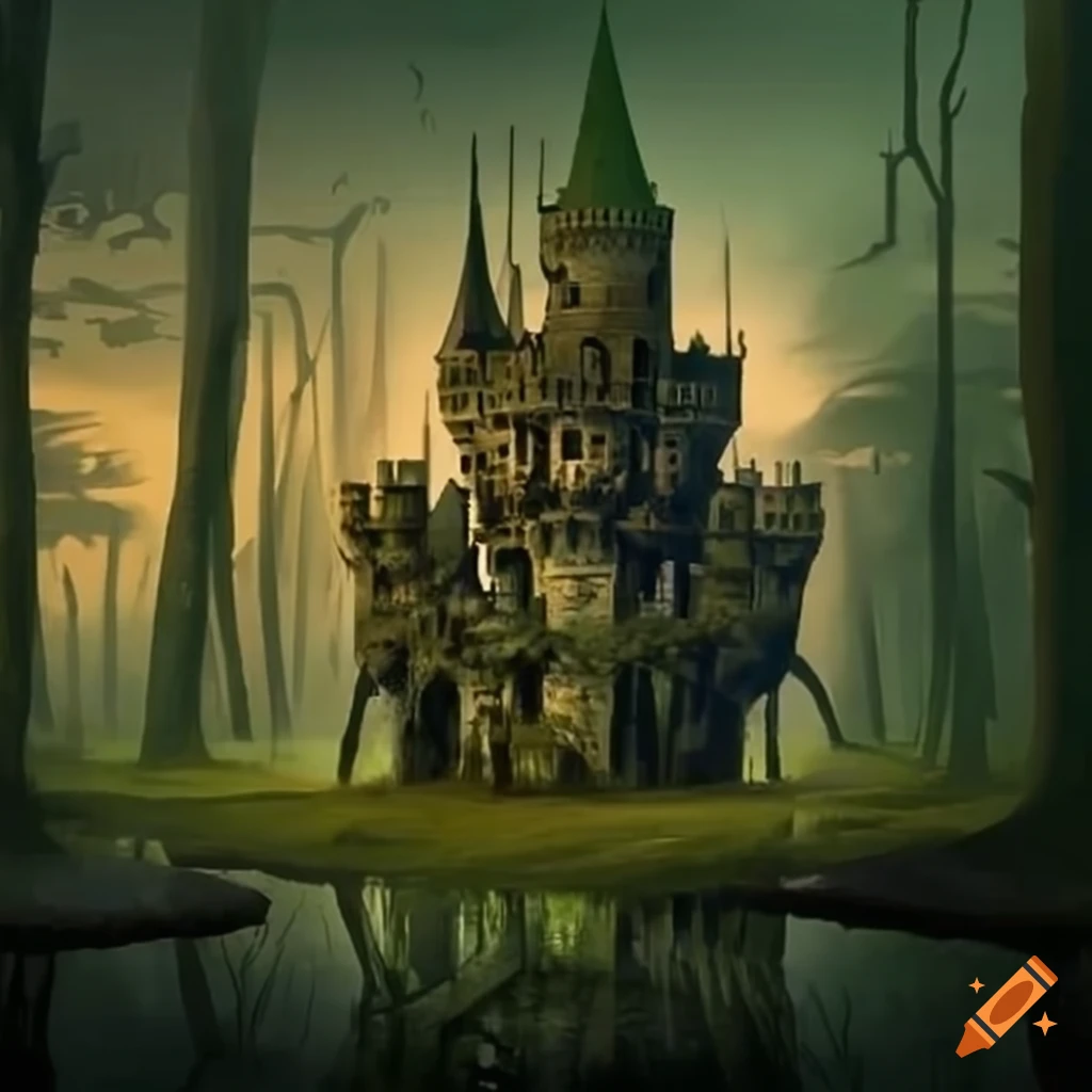 Bizarre castle in a swamp on Craiyon