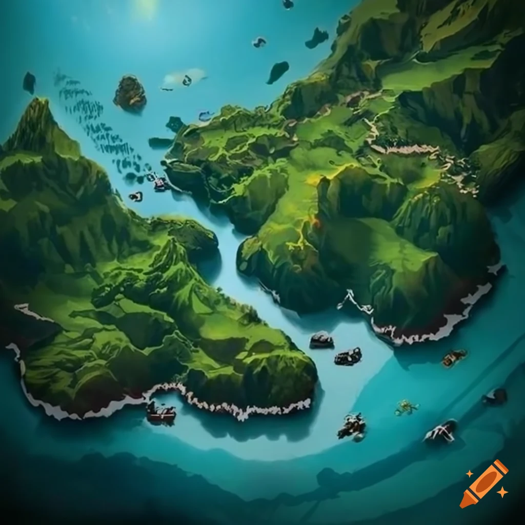 Map of a board game world inspired by new zealand with lush forests and ...