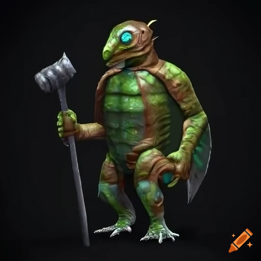 Realistic turtle lizard person in black turtle shell with black boots ...