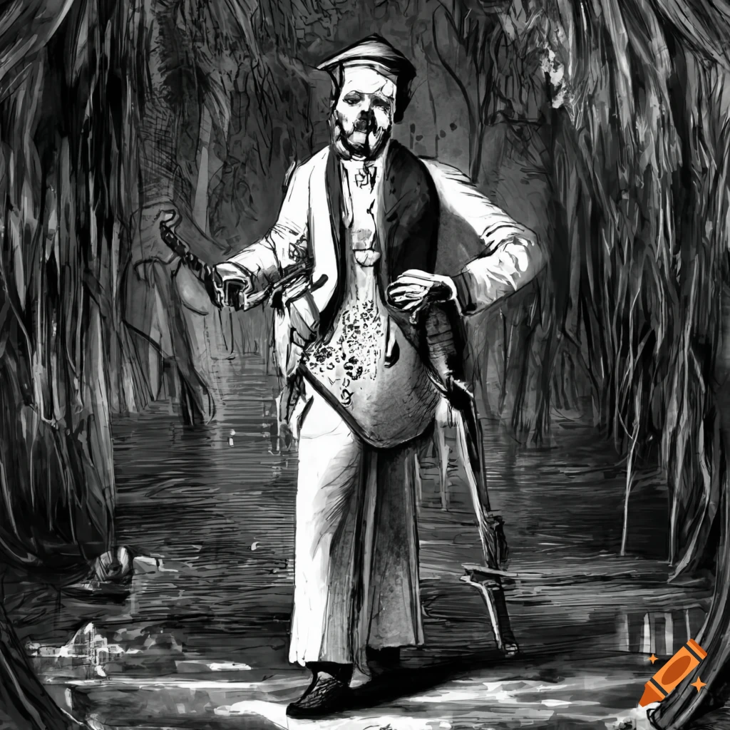 19th-century man in fancy suit holding a gun in a bayou setting on Craiyon