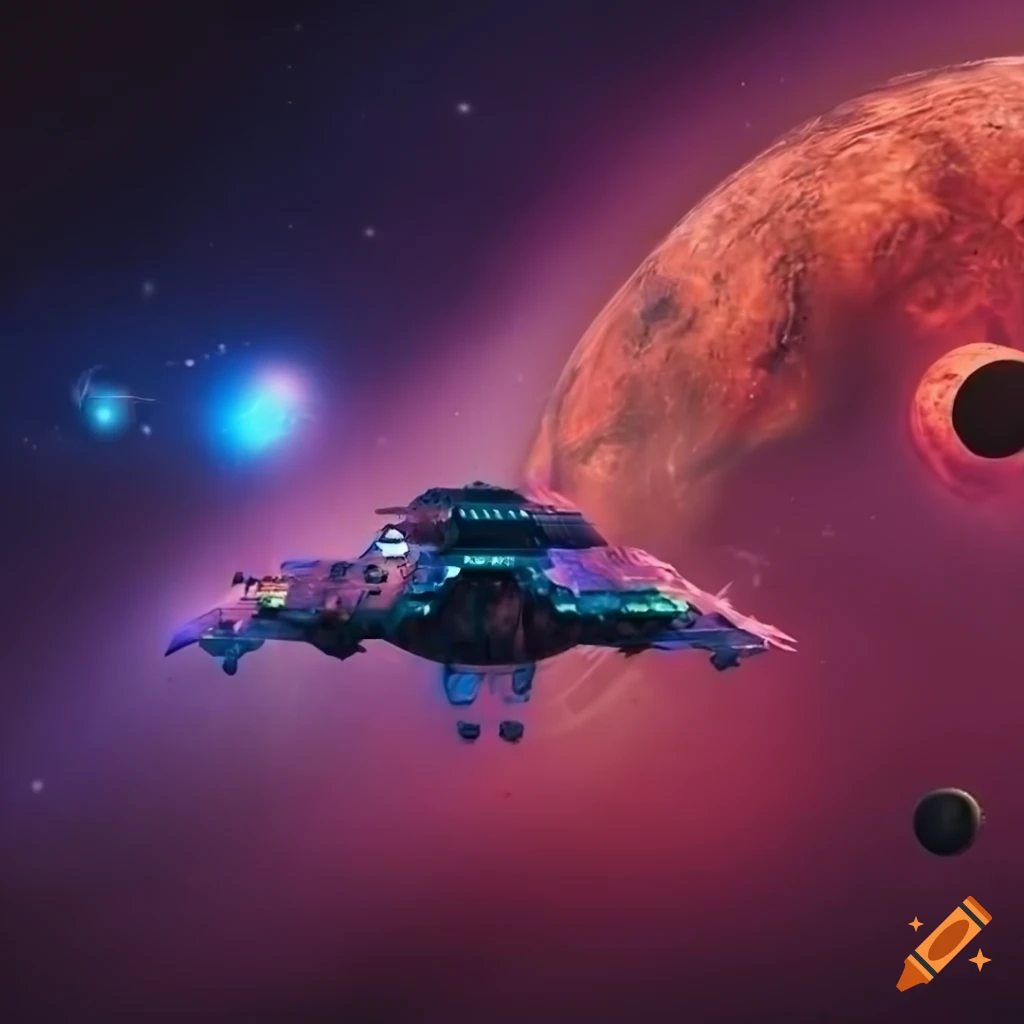 Colorful space ships traveling between planets with neon lights in a ...