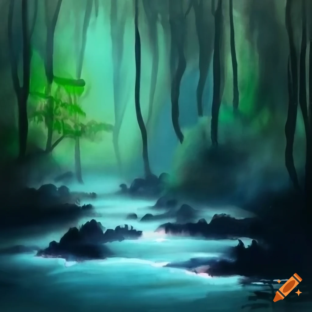 Chinese ink painting of a misty rainforest in blue and green tones on ...