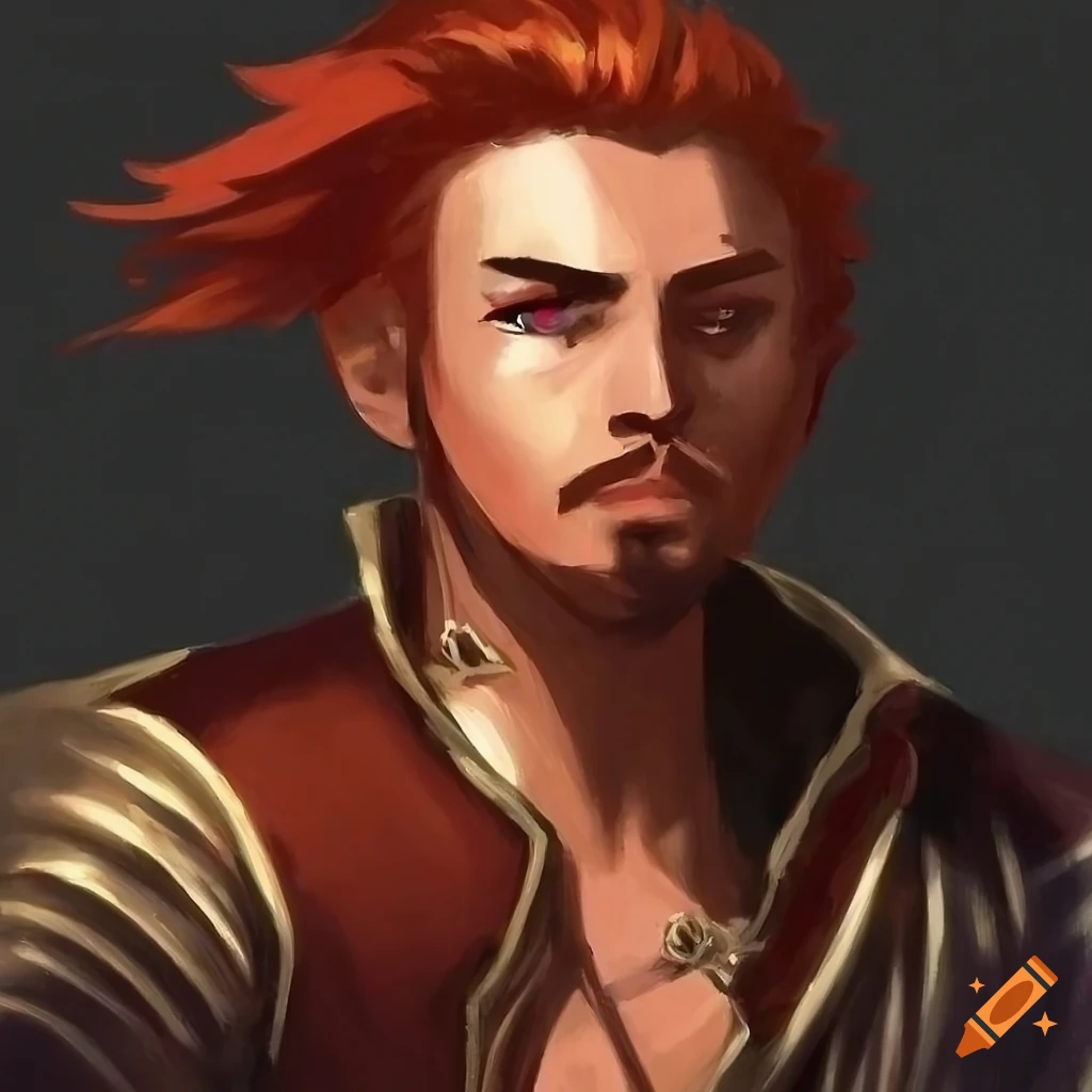 Short male pirate with copper hair and armor, no hat, in a Java oil painting on Craiyon