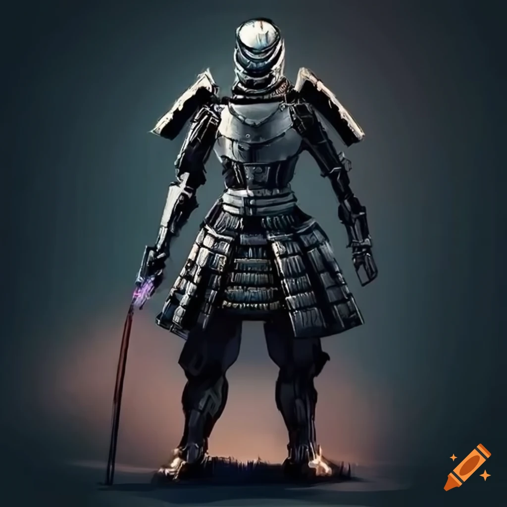 Futuristic robot warrior in samurai armor wielding a katana on Craiyon