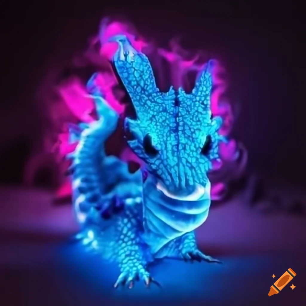 Neon blue baby dragon breathing blue fire on Craiyon