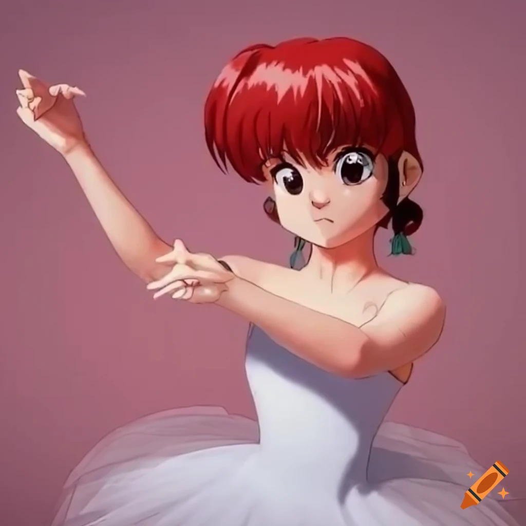 Ranma dancing ballet in a studio with a white tutu in anime style on ...